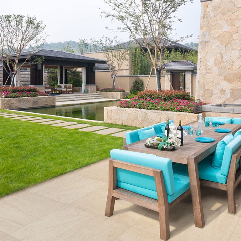 Limestone-Look Porcelain Pavers & Coping | Outdoor Patio Pavers