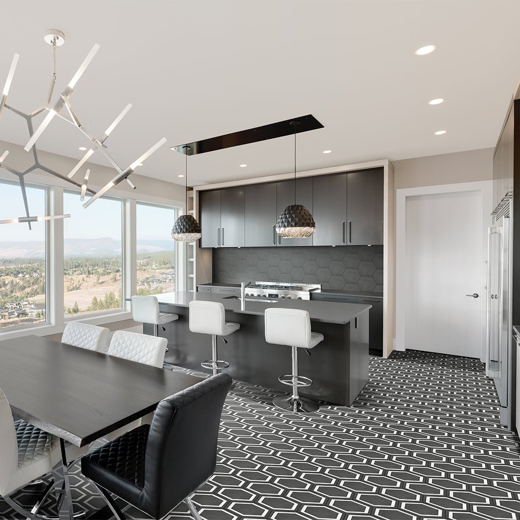 Graphite Frame, Hexagon Porcelain Tile | Deco Tile by IWT – AquaBlu Mosaics