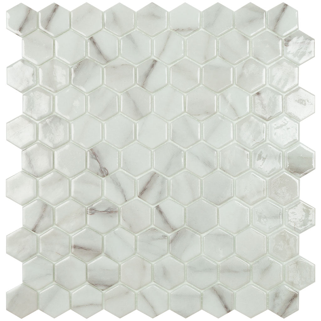 Calacatta Brillo Slip Resistant, Hexagon Glass Tile | Vidrepur