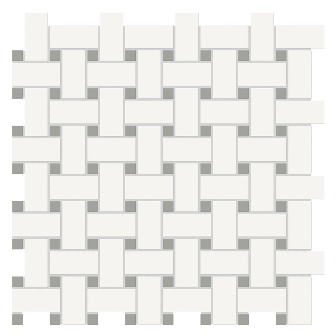 Soho Canvas White w/ Cement Chic Dot, Basketweave Mosaic Ceramic Tile