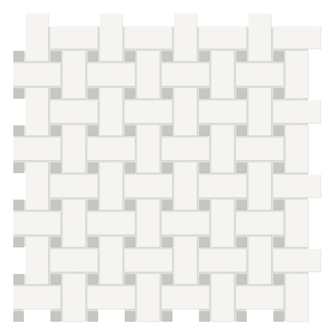Soho Canvas White w/ Soft Sage Dot, Basketweave Mosaic | Ceramic Tile