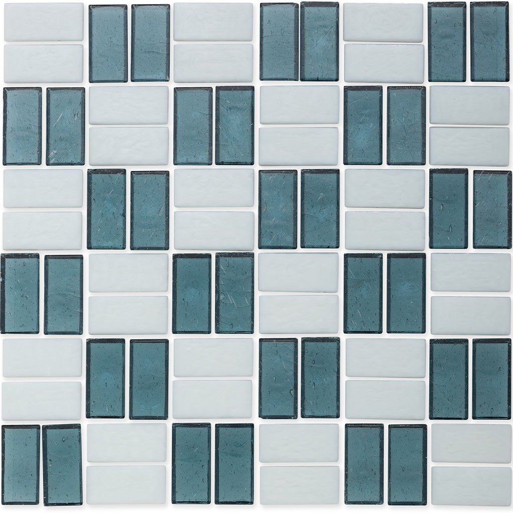 Flourite and White, 1" x 2" Basket Weave Alternating Pattern Glass Tile