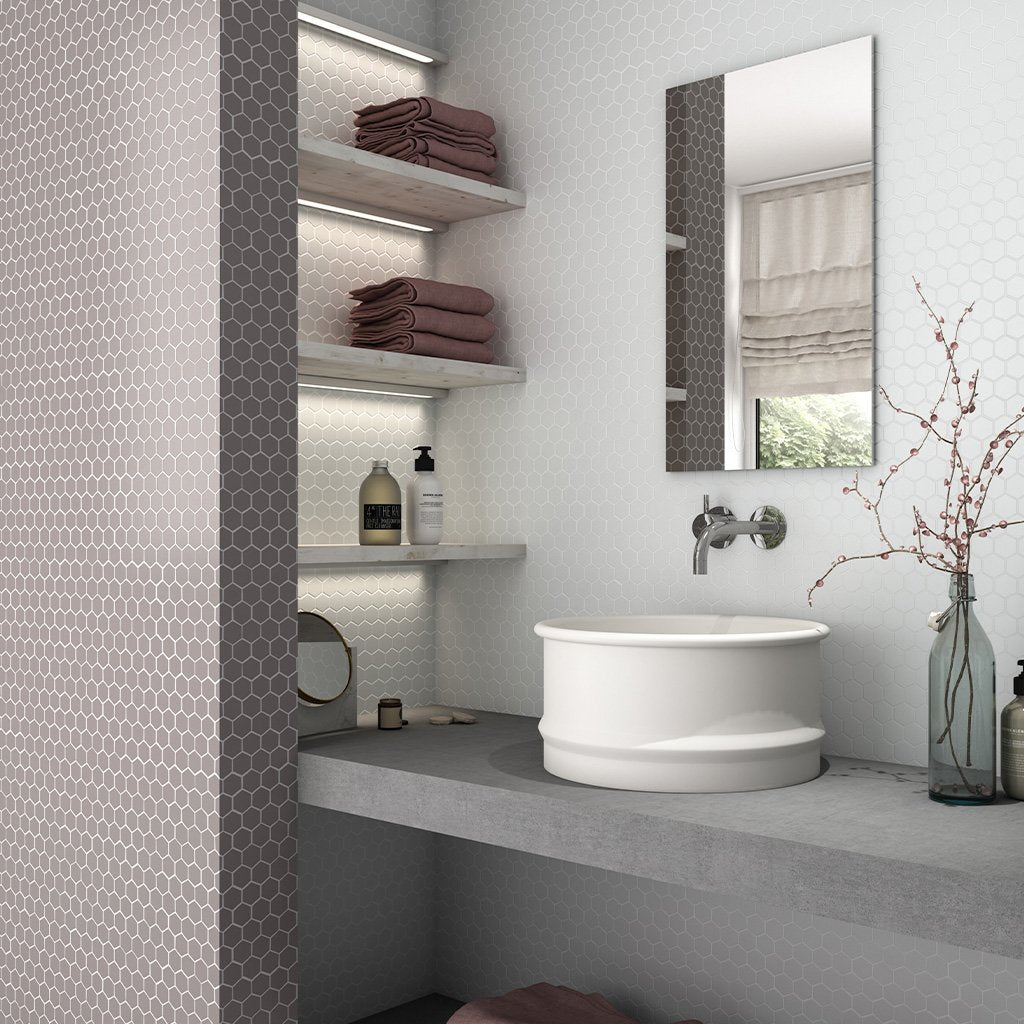 Matte White Hexagon Tile | H35910M | Vidrepur Glass Tile – AquaBlu Mosaics