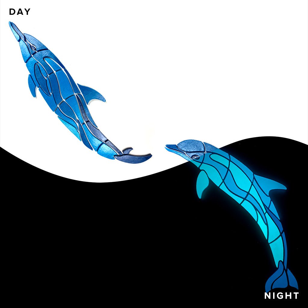 Wave Dolphins, Left | Glow in the Dark Pool Mosaic Tile – AquaBlu Mosaics